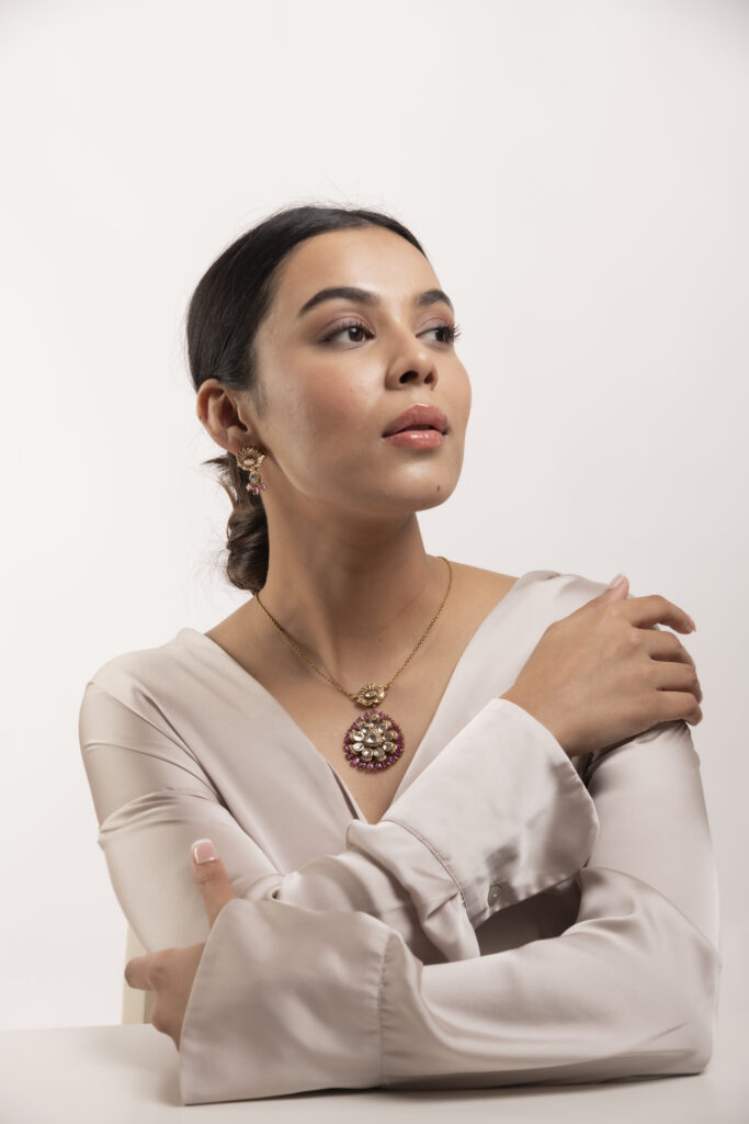 Polki & Ruby Lotus Pendant Set - Shivasa